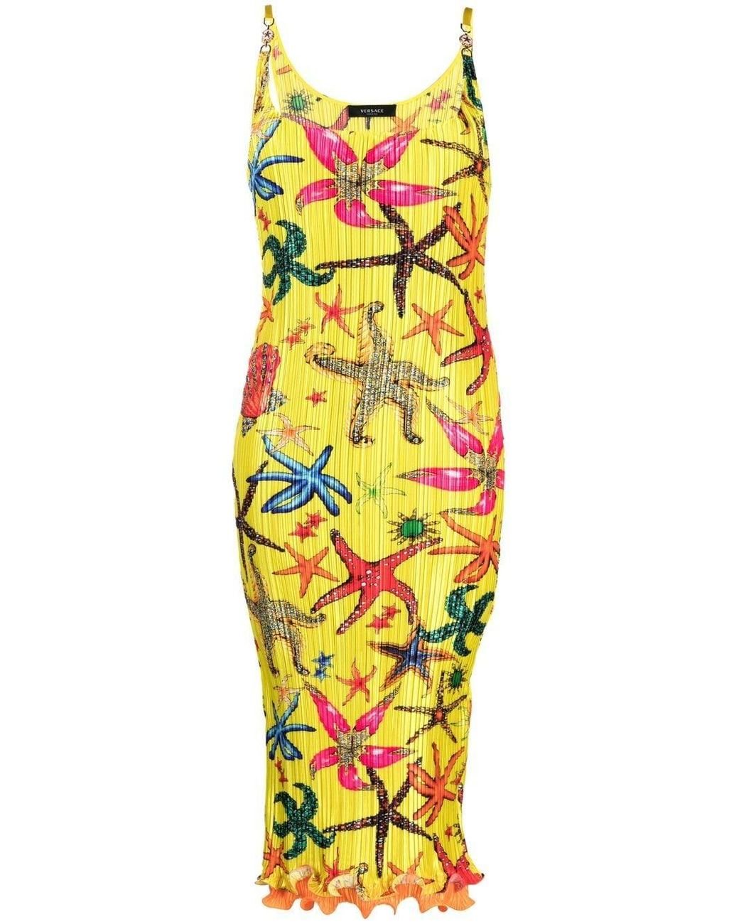 Versace Starfish-print Plissé Midi Dress in Yellow | Lyst