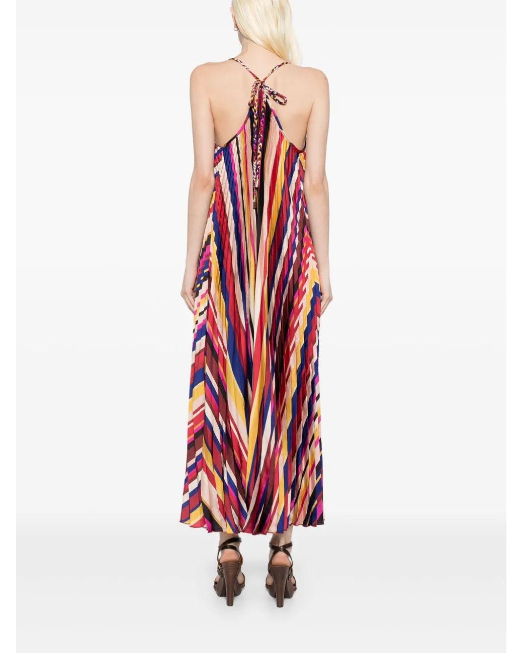 FARM Rio Diagonal-Stripes Pleated Midi Dress in Red | Lyst UK