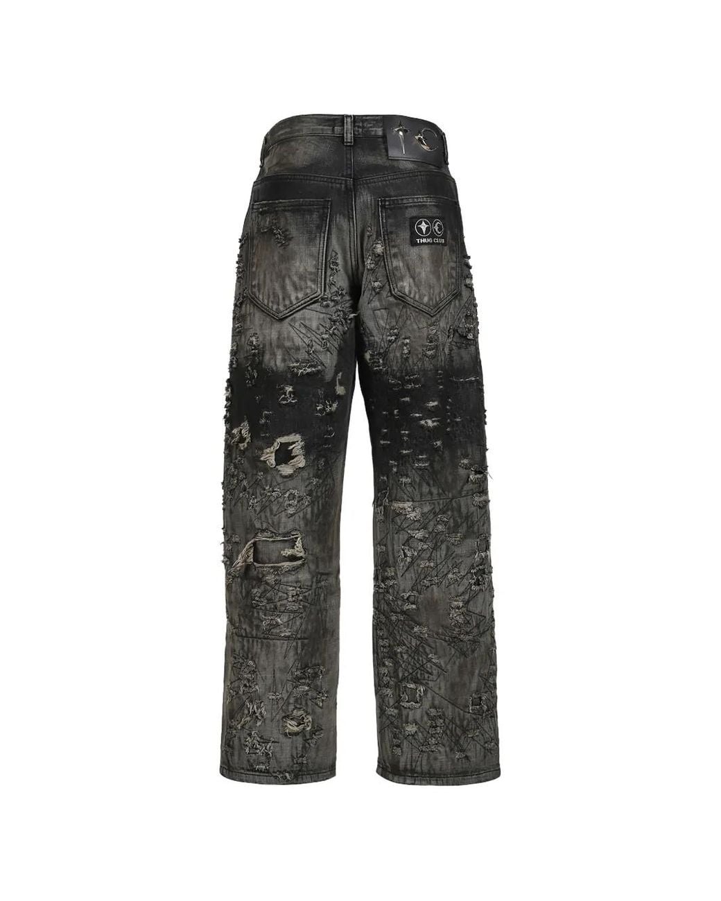 THUG CLUB Hard-Washed Damaged Denim Jeans in Gray for Men | Lyst