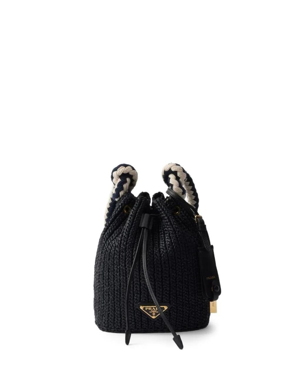 Prada Woven Drawstring Bucket Bag in Black | Lyst