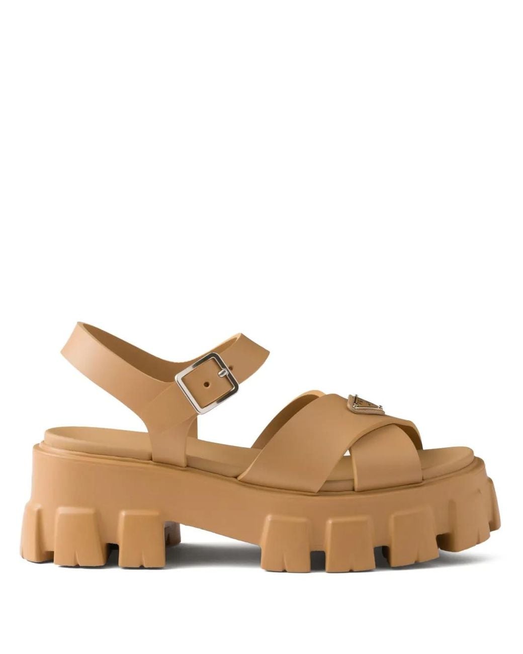Prada Monolith Enamel Triangle-Logo Sandals in Brown | Lyst
