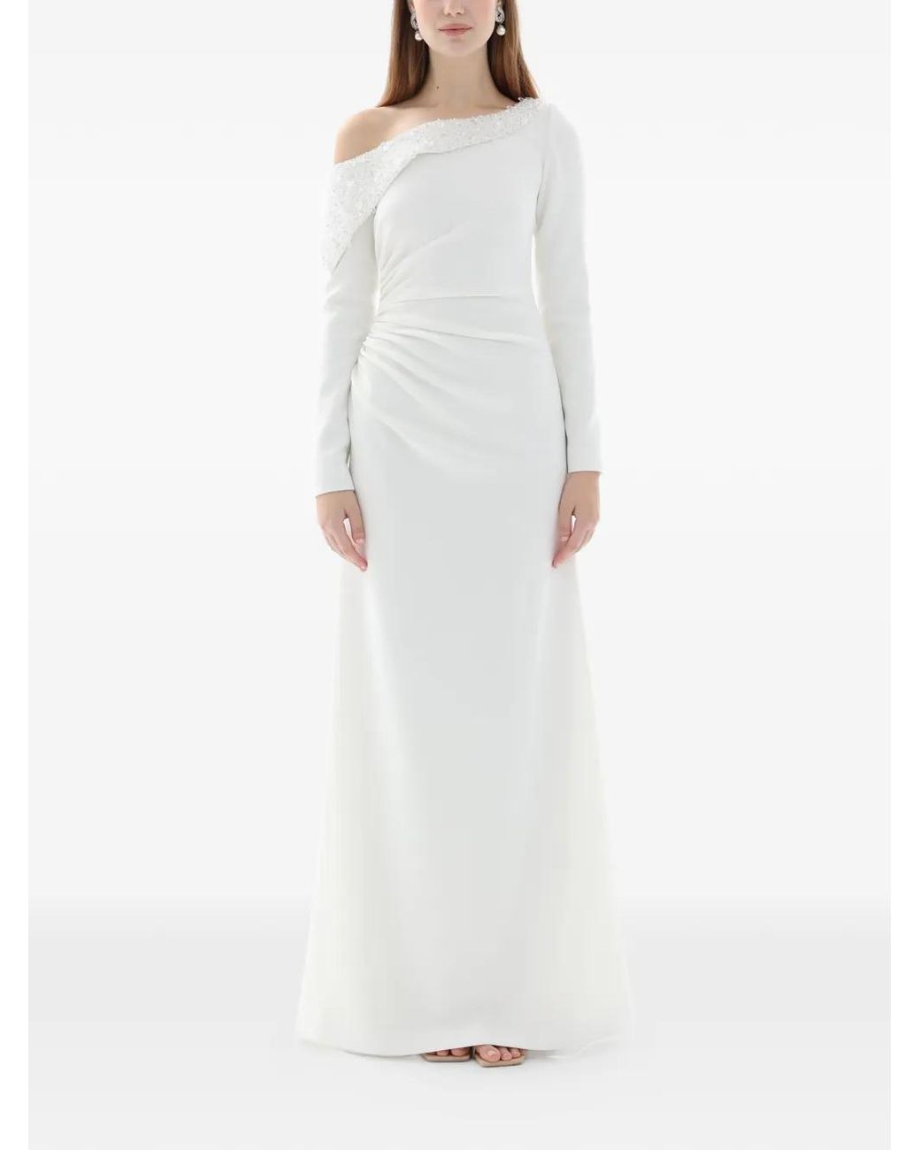 Dina Melwani Crystal Draped Off-Shoulder Gown in White | Lyst