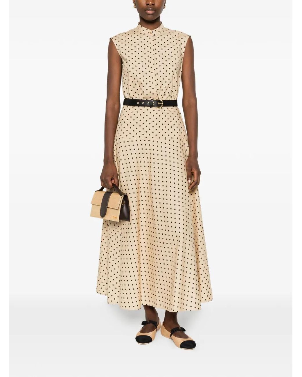 Max Mara Polka-Dot Belted Midi Dress in Natural | Lyst