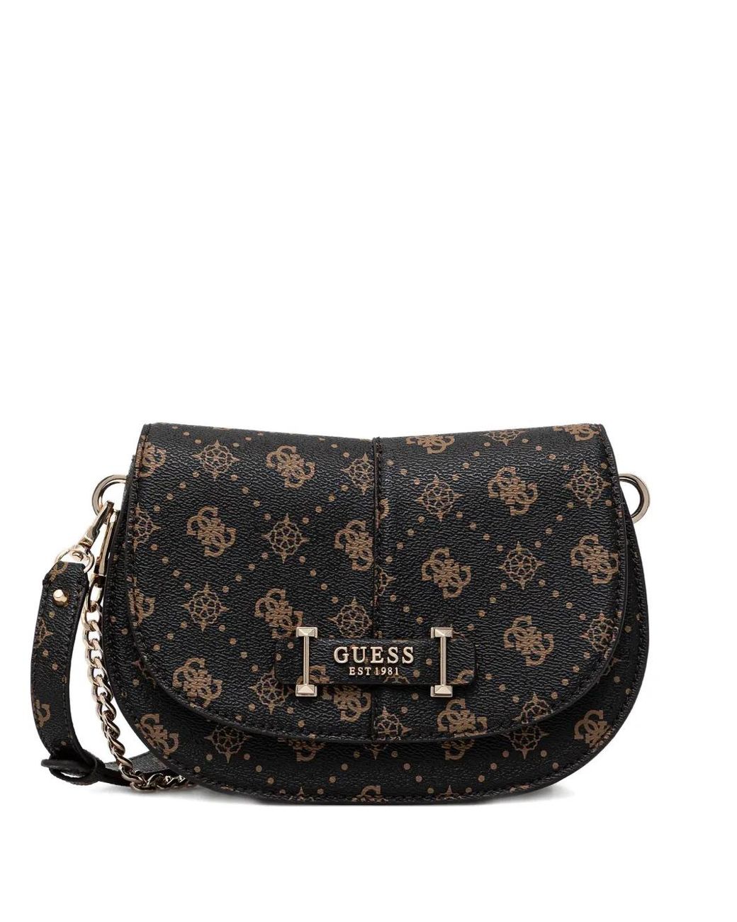 Guess Carrie Monogram Chain Cross Body Bag in Black | Lyst