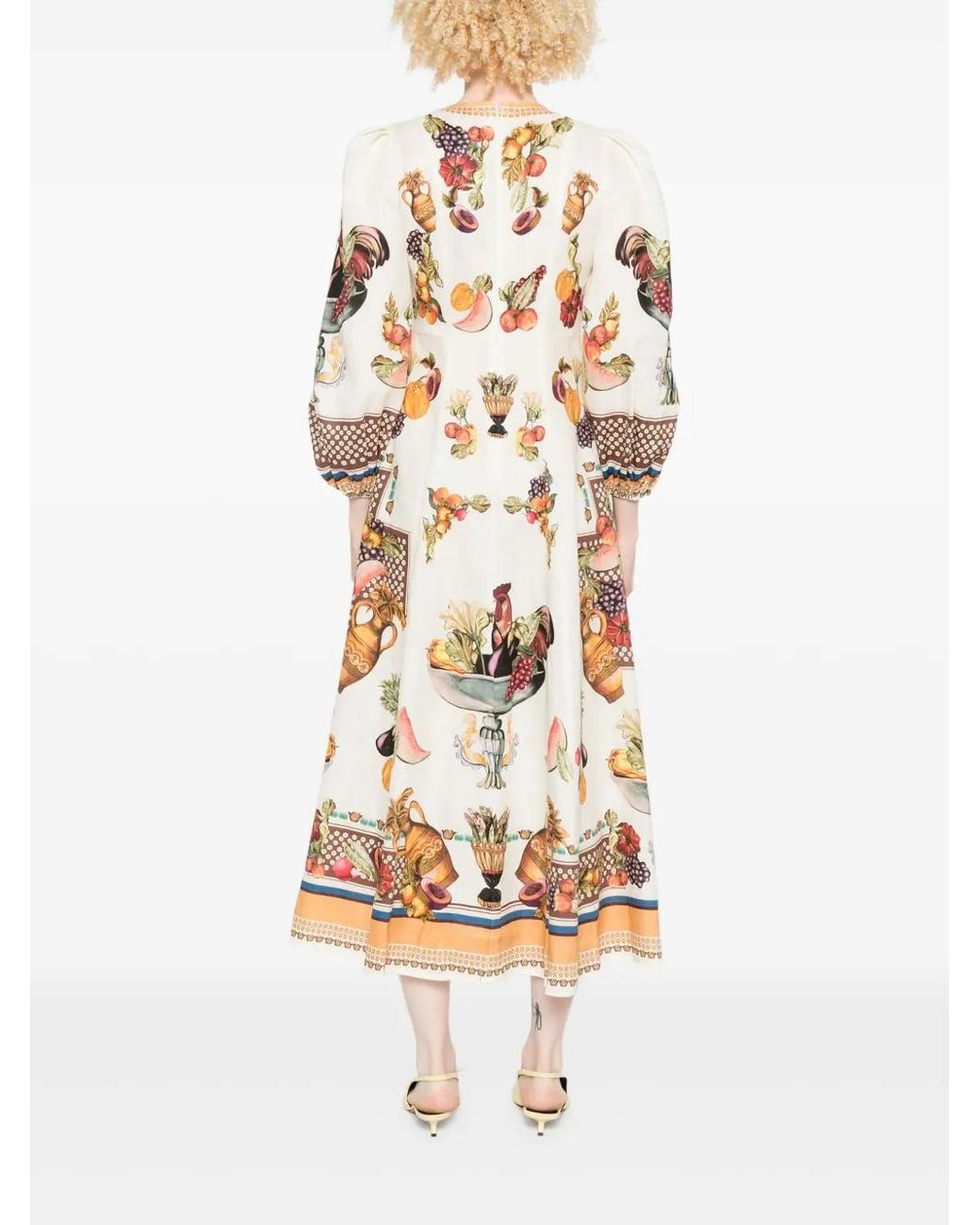 ALÉMAIS Mercado Fruit-Print Puff-Sleeve Midi Dress in White | Lyst