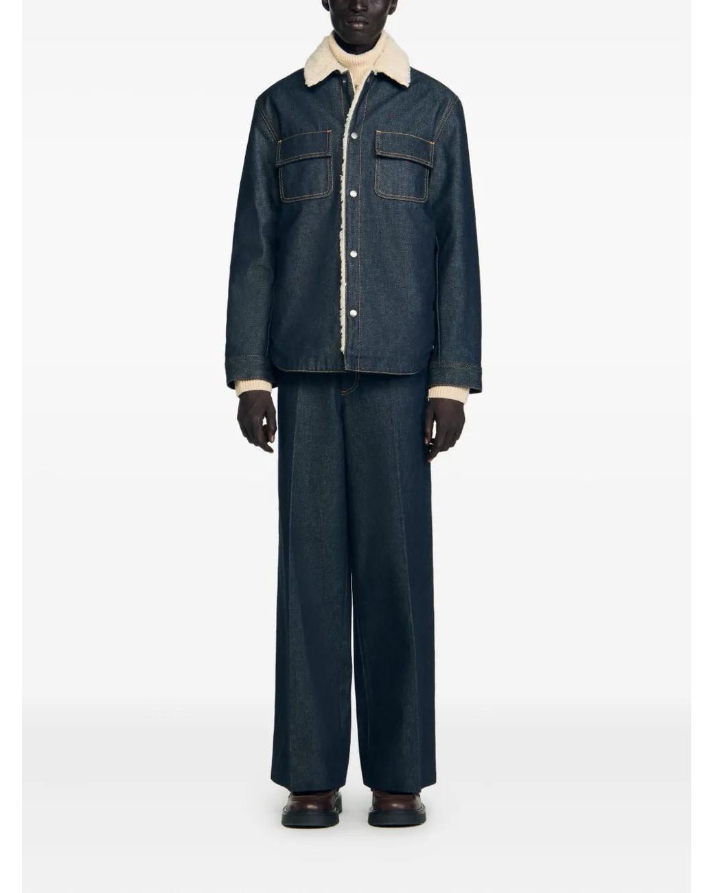 Sandro Shearling-Collar Chest-Pocket Jacket in Black for Men | Lyst