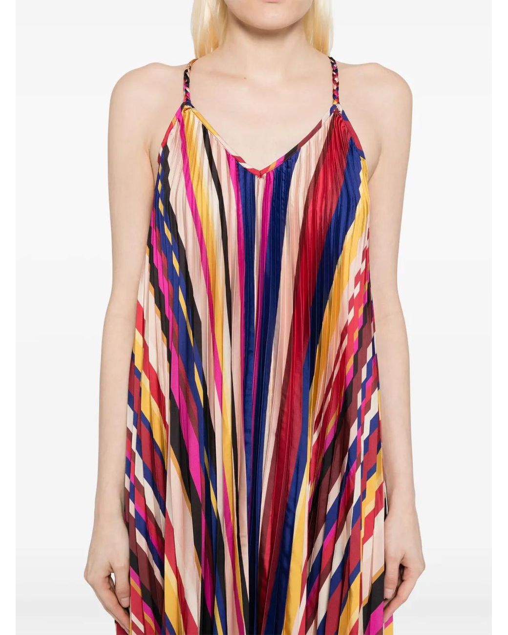 FARM Rio Diagonal-Stripes Pleated Midi Dress in Red | Lyst UK