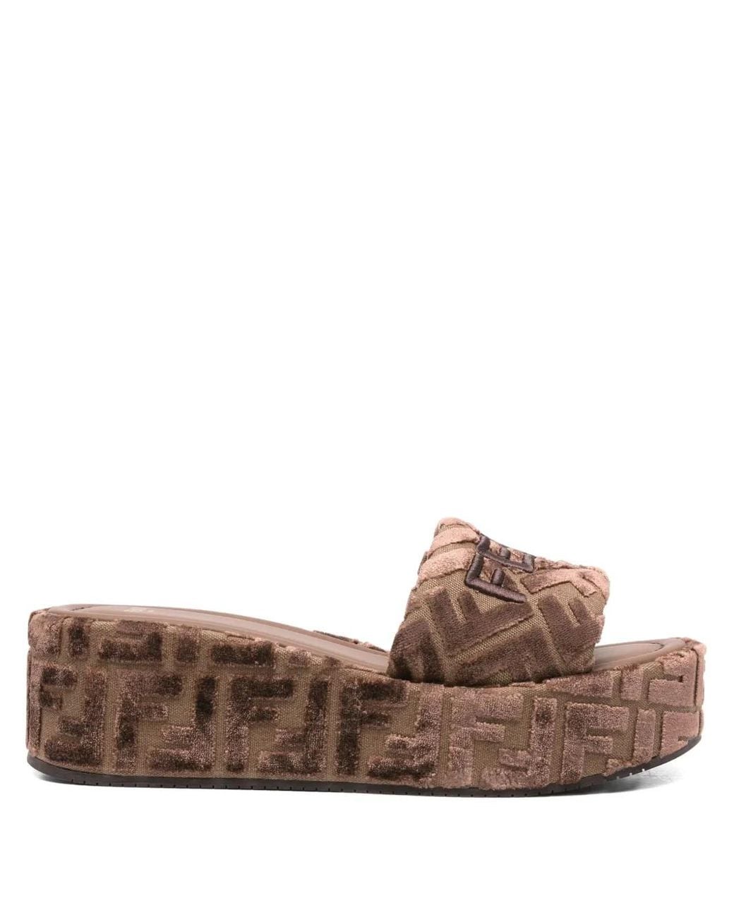 Fendi Ff Logo Platform Slides in Brown | Lyst