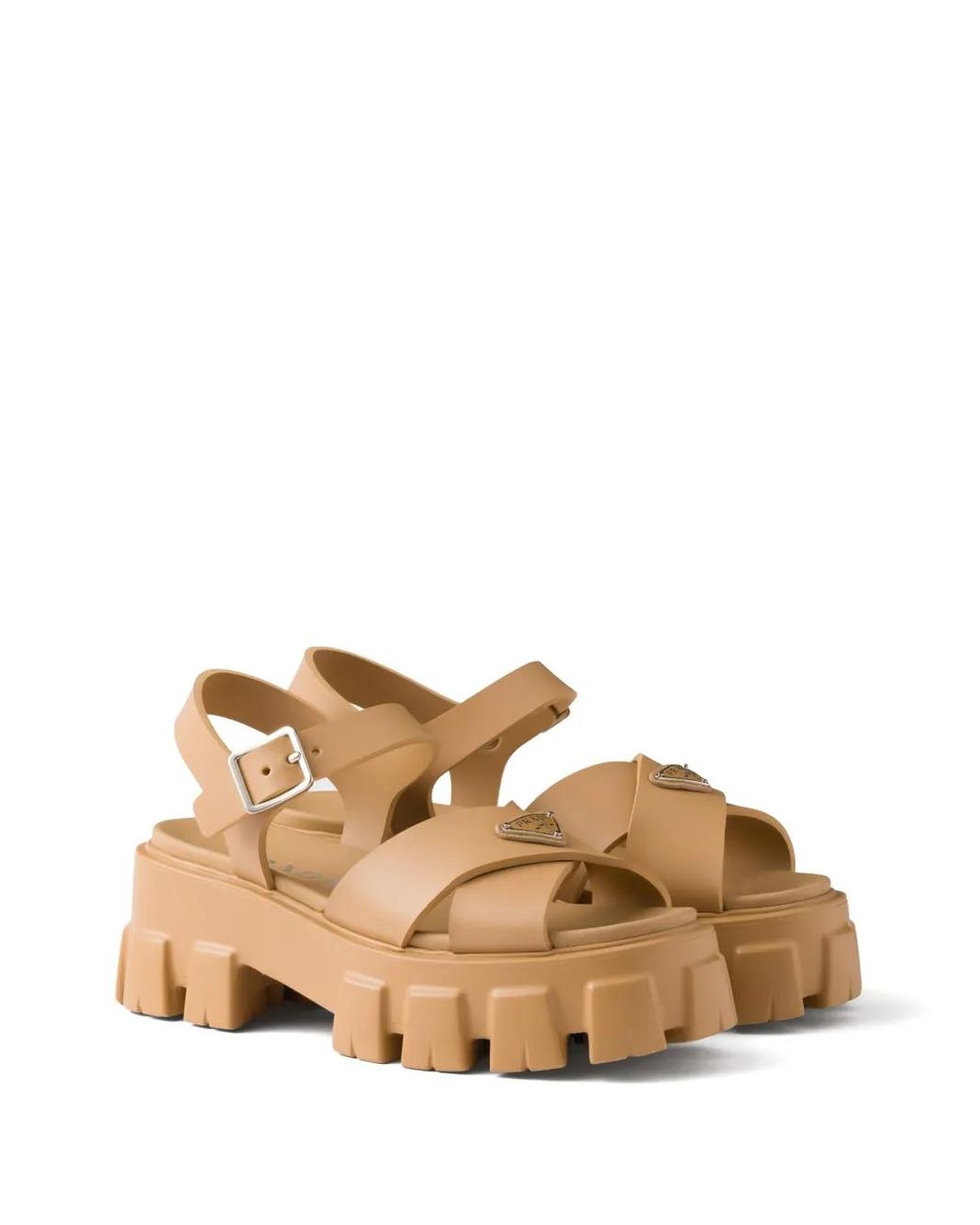 Prada Monolith Enamel Triangle-Logo Sandals in Brown | Lyst