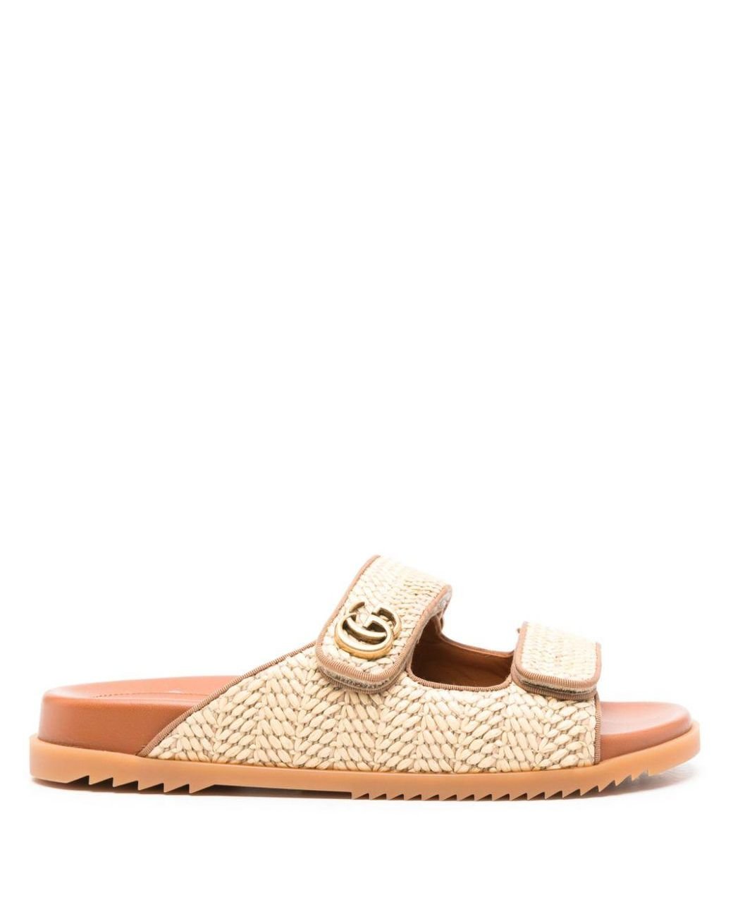 Gucci Double G-Plaque Raffia Sandals in Natural | Lyst