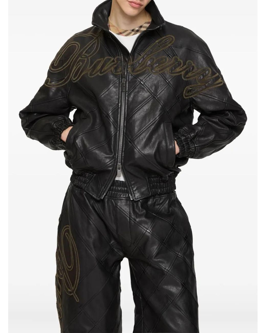 Burberry Cursive-Logo Leather Jacket in Black for Men | Lyst