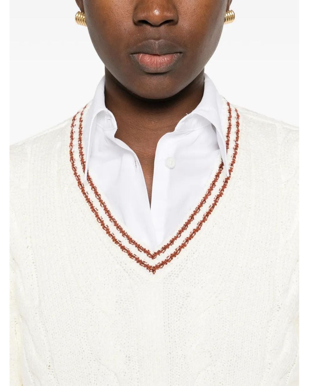 Loro Piana Augusta Cable-Knit V-Neck Sweater in White | Lyst