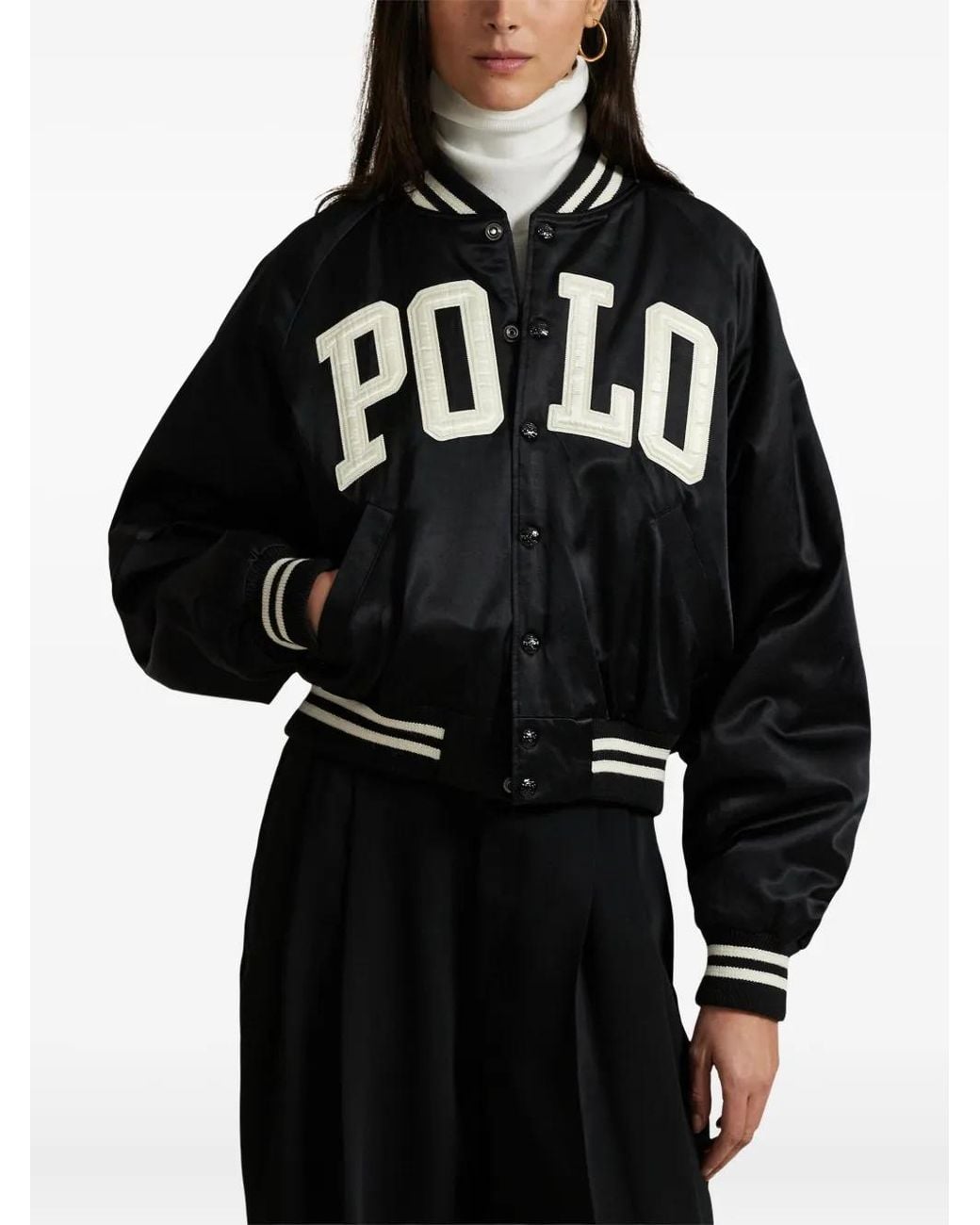 Polo Ralph Lauren Logo Satin Bomber Jacket in Black | Lyst
