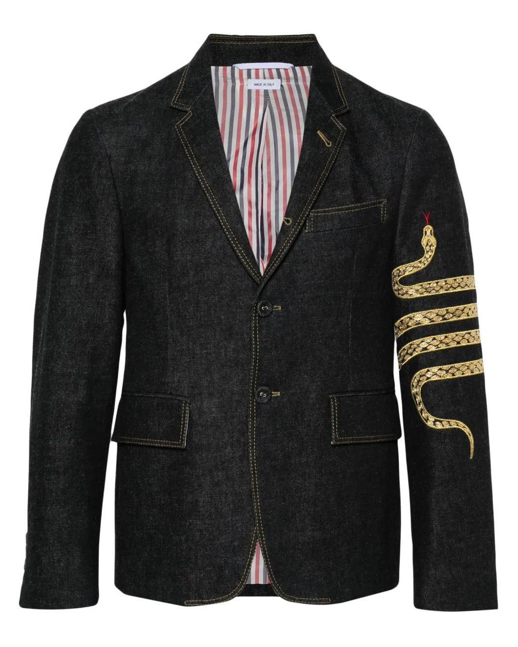 Thom Browne 4-Bar Snake-Embroidered Denim Blazer in Black for Men | Lyst