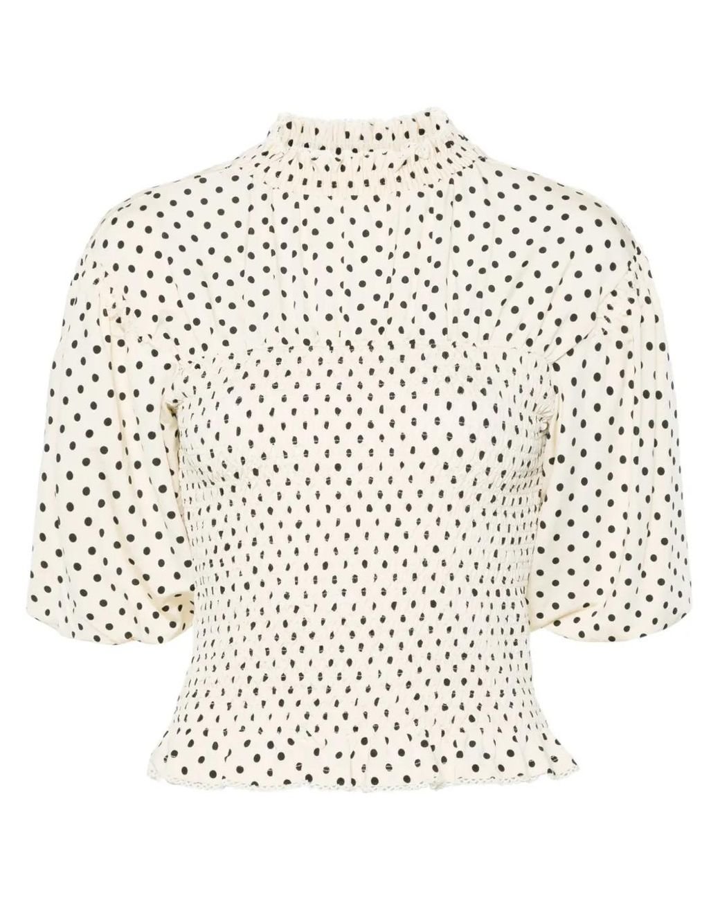 Sandro Polka Dot-Print Shirred Blouse in White | Lyst