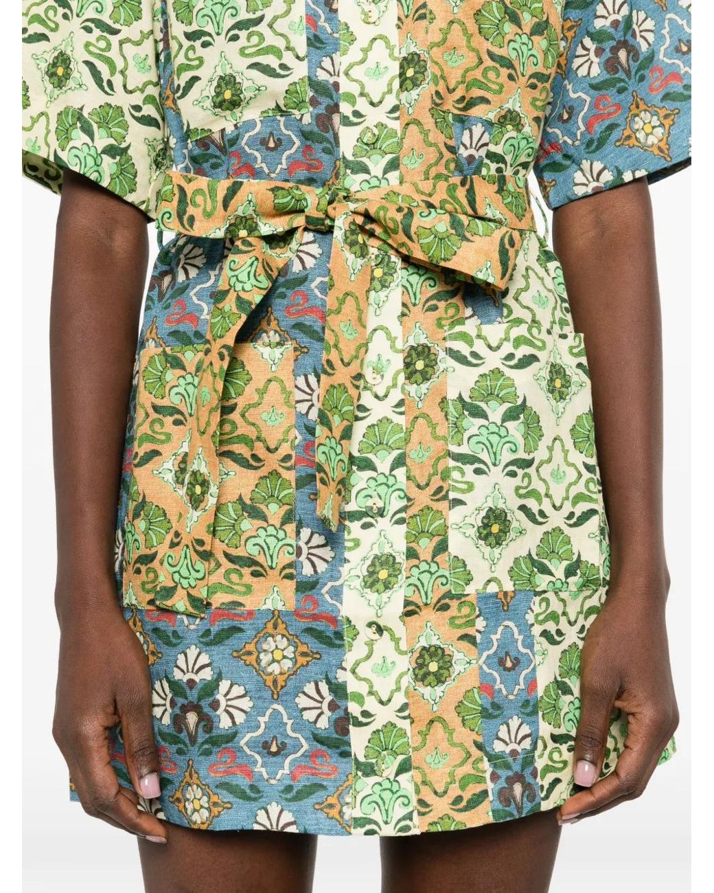 ALÉMAIS Ali Spliced Floral-Print Belted Mini Dress in Green | Lyst UK