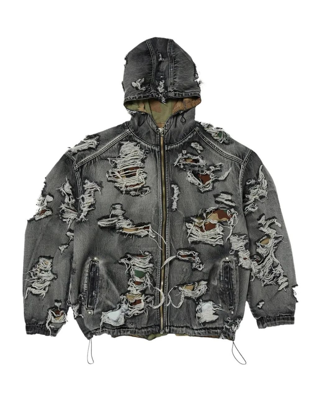 THUG CLUB Hell Denim Ripped Hooded Denim Jacket in Grey for Men | Lyst UK
