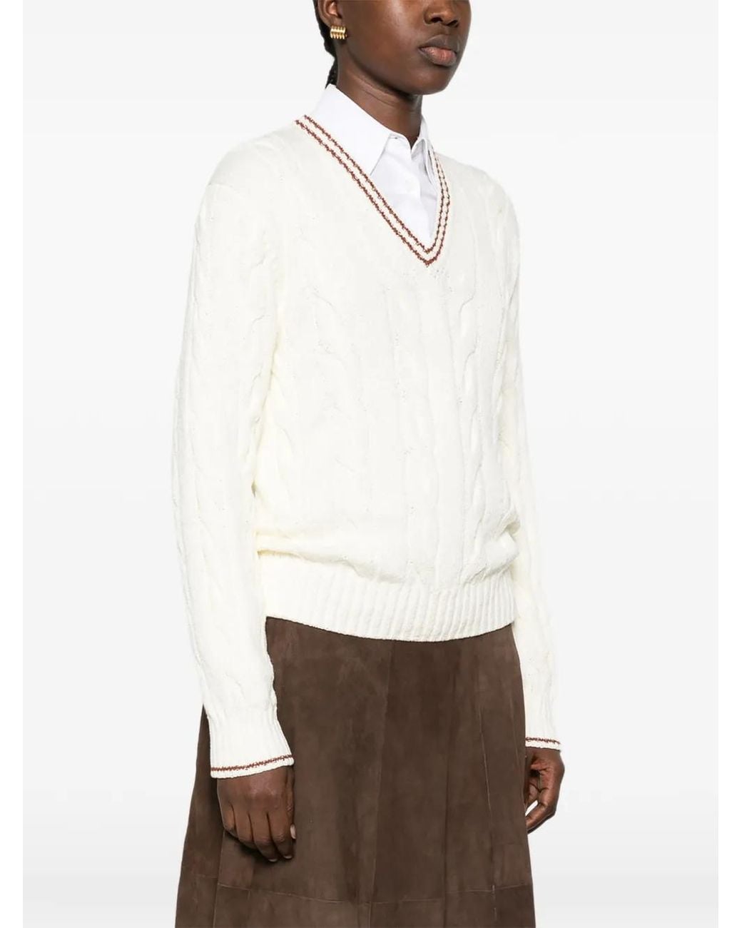 Loro Piana Augusta Cable-Knit V-Neck Sweater in White | Lyst
