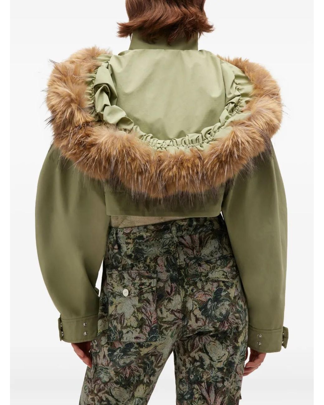 Ganni Fur-Trimmed Cropped Jacket in Green | Lyst UK
