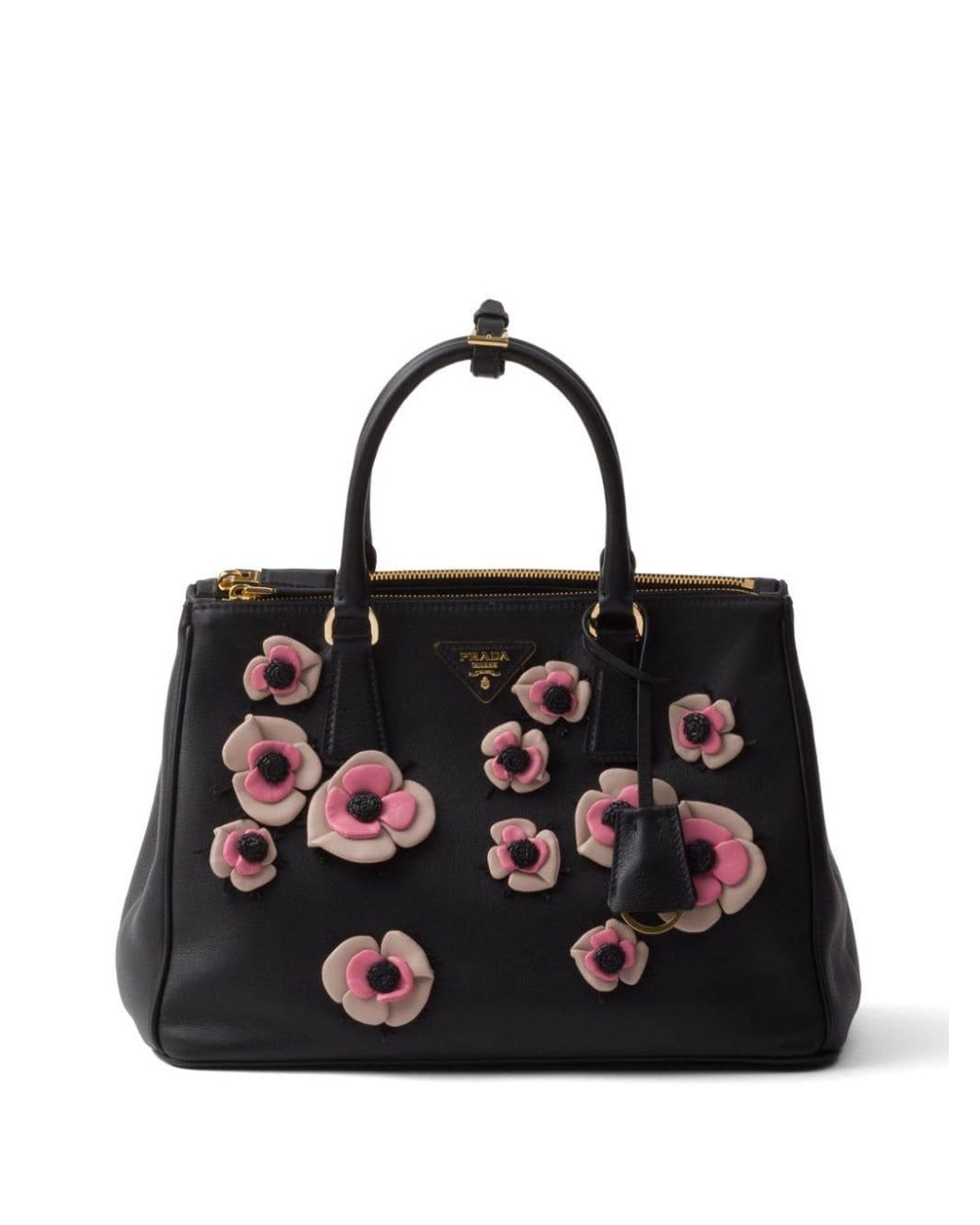 Prada Large Galleria Floral Appliqué Bag in Black | Lyst