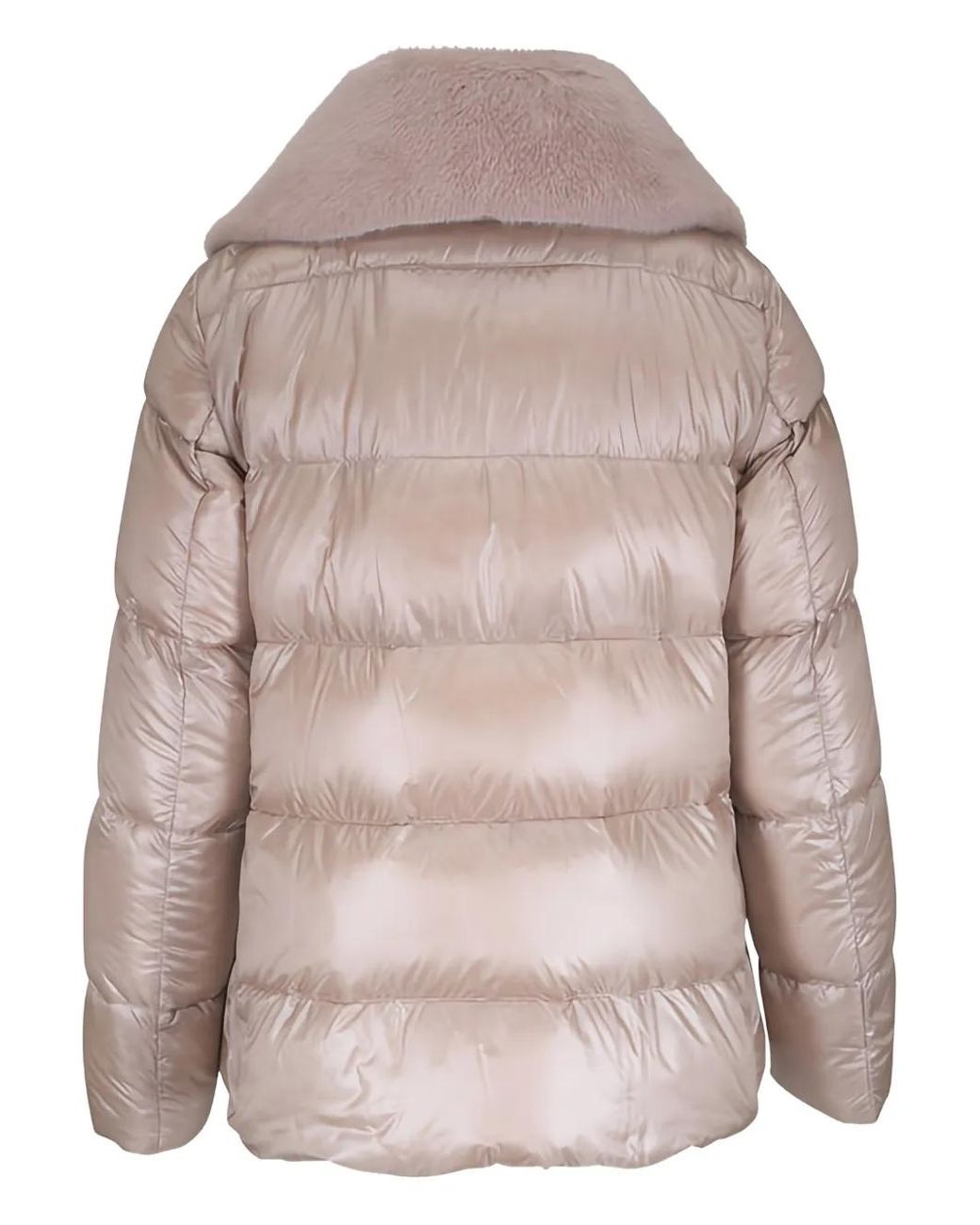 Herno Faux Fur Collar Mini Puffer Jacket in Natural | Lyst