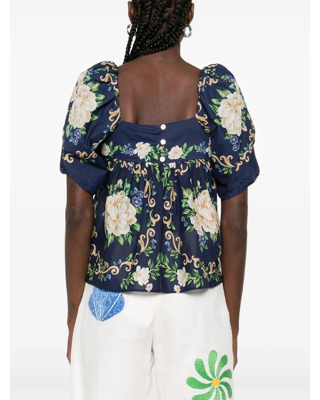 FARM Rio Floral-Print Puff-Sleeve Blouse in Blue | Lyst UK