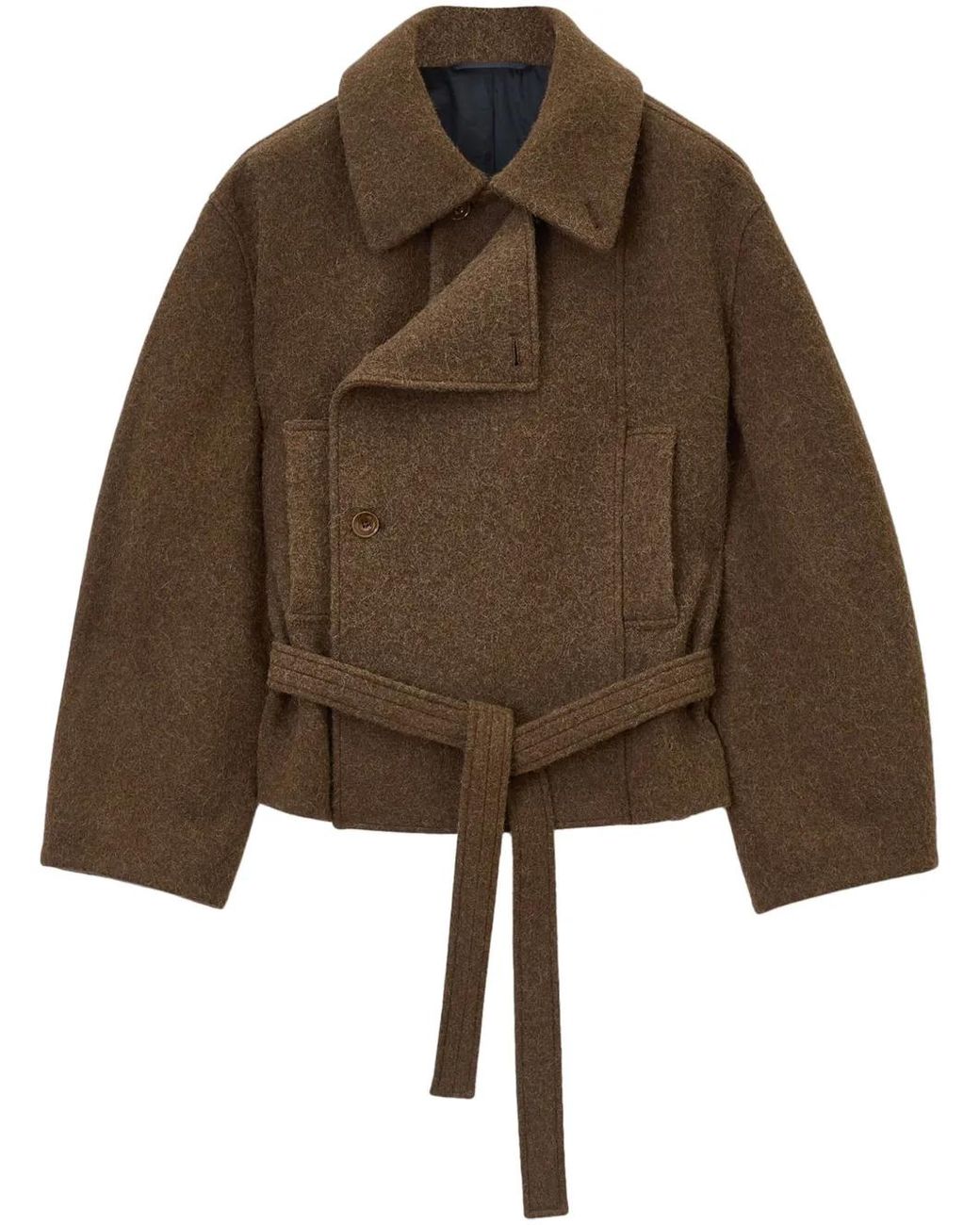 Lemaire Cropped Asymmetrical Belted Coat in Brown | Lyst