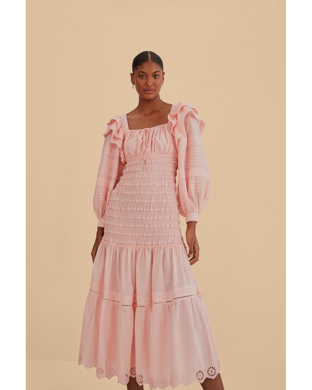 FARM Rio Light Long Sleeve Smocked Midi Dress in Natural | Lyst