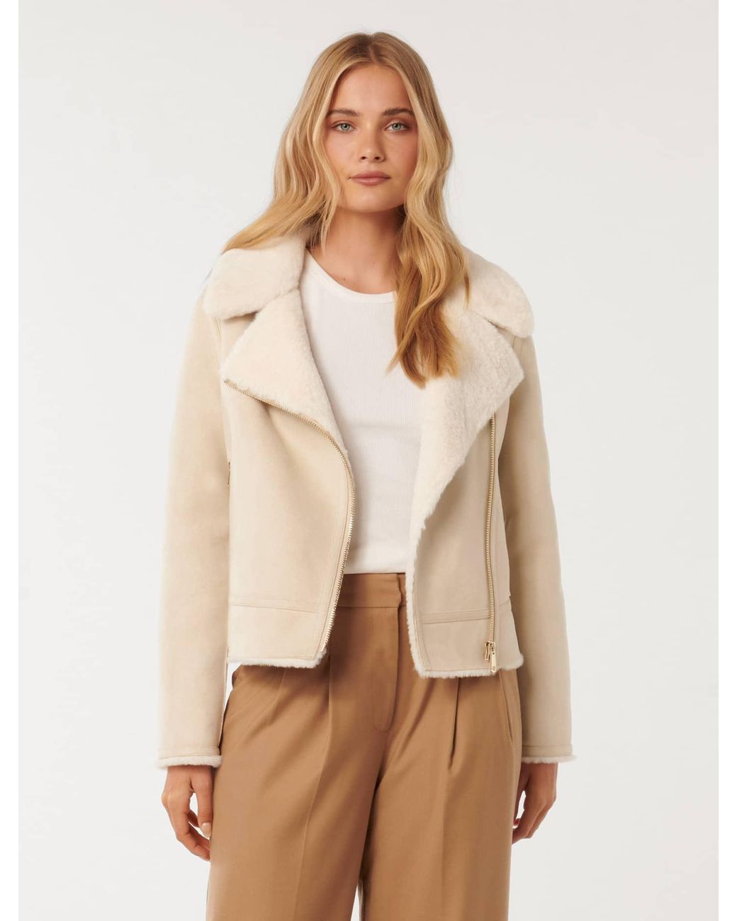 Forever New Faux Fur-Lined Aviator Jacket in Natural | Lyst UK