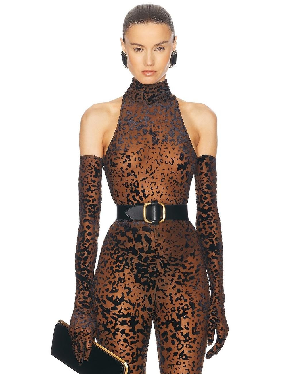 Alex Perry Leopard Burnout Mesh Bodysuit With Gloves in Brown | Lyst