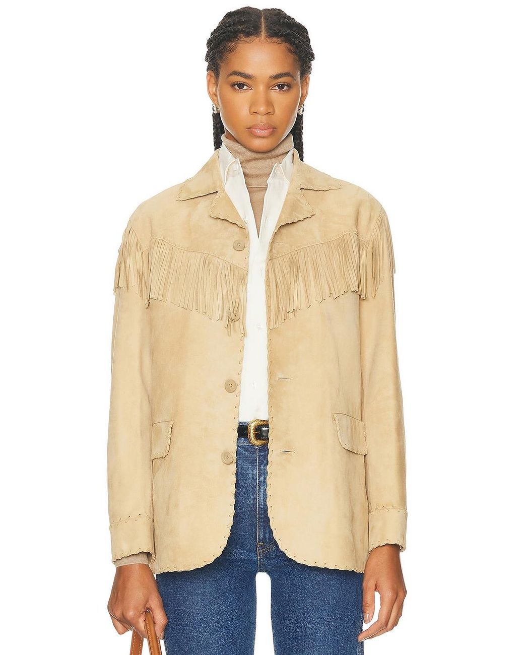 Ralph Lauren Ryland Fringe-Trim Lamb-Suede Jacket in Natural | Lyst