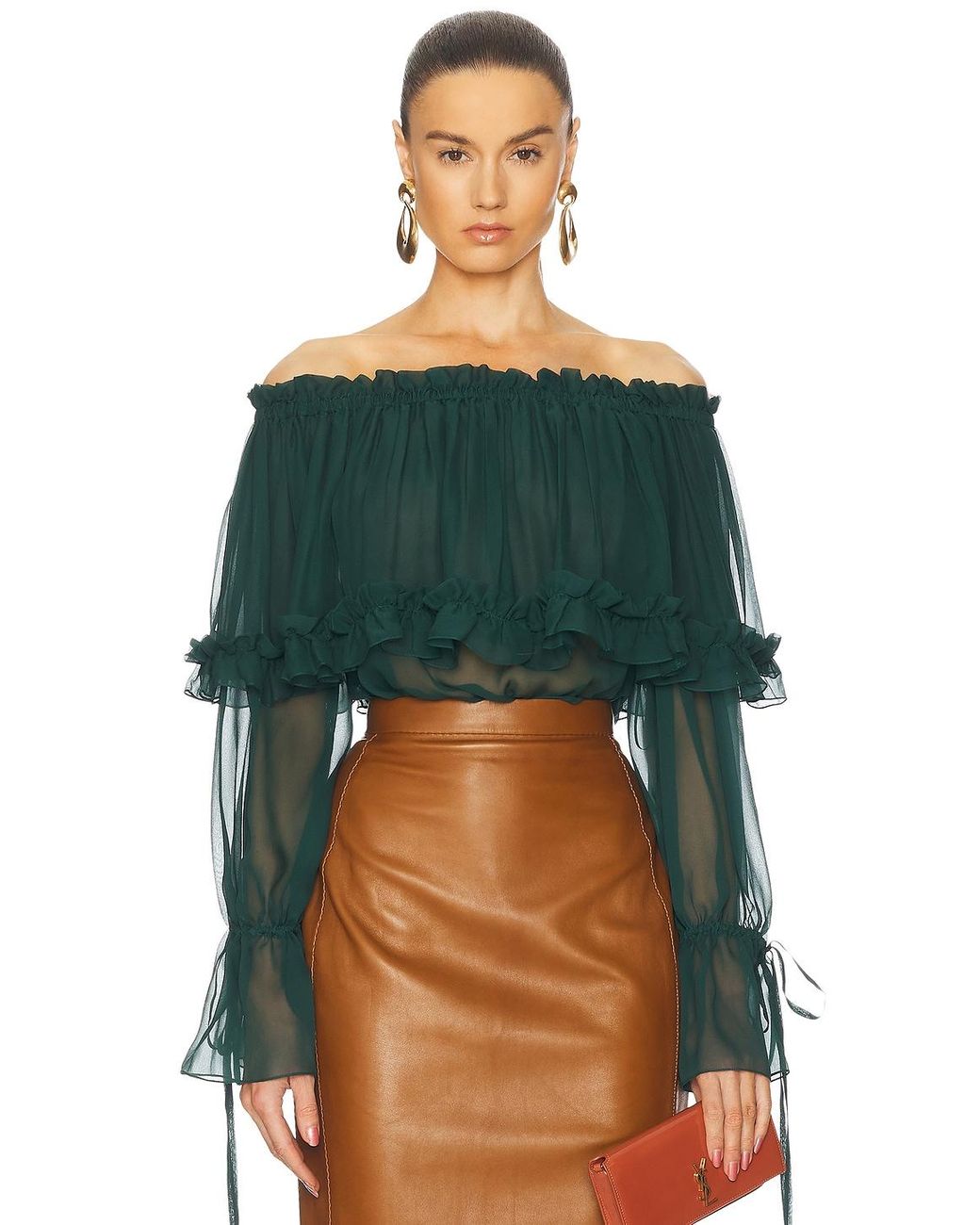 Saint Laurent Sheer Off The Shoulder Blouse in Green | Lyst