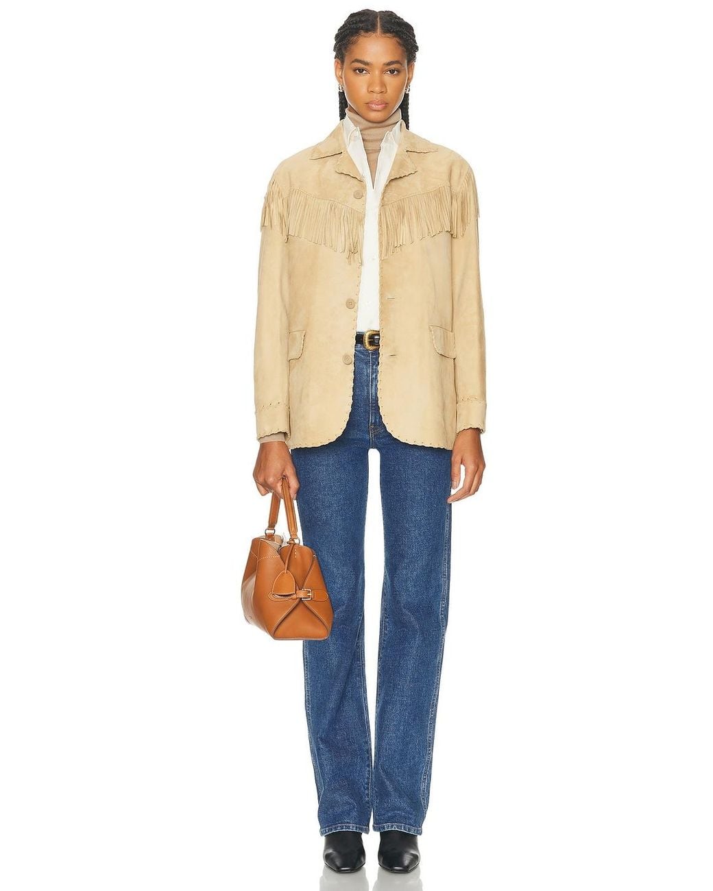 Ralph Lauren Ryland Fringe-Trim Lamb-Suede Jacket in Natural | Lyst