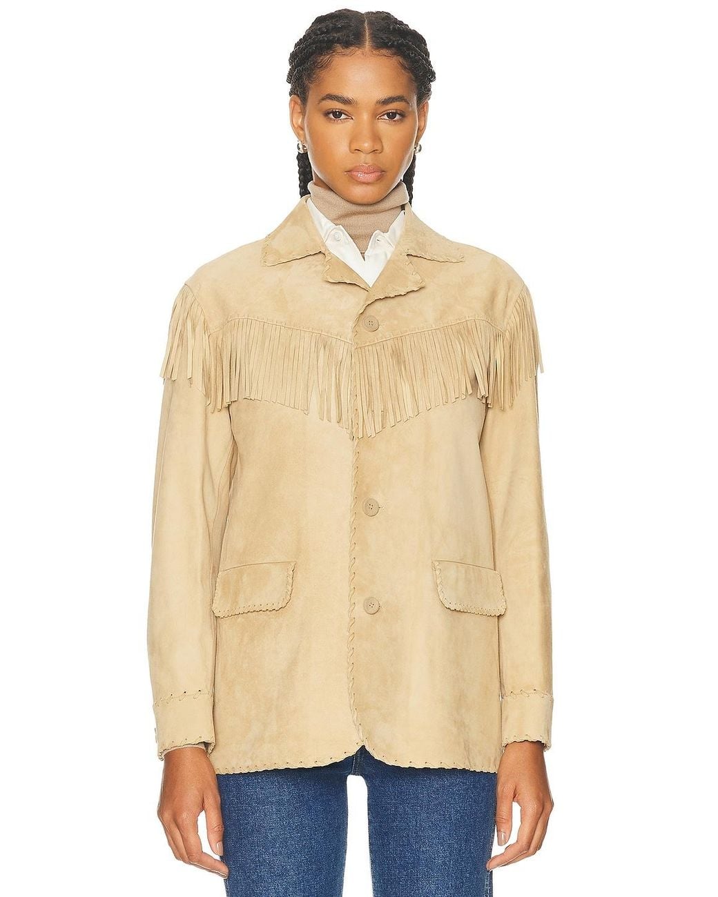 Ralph Lauren Ryland Fringe-Trim Lamb-Suede Jacket in Natural | Lyst