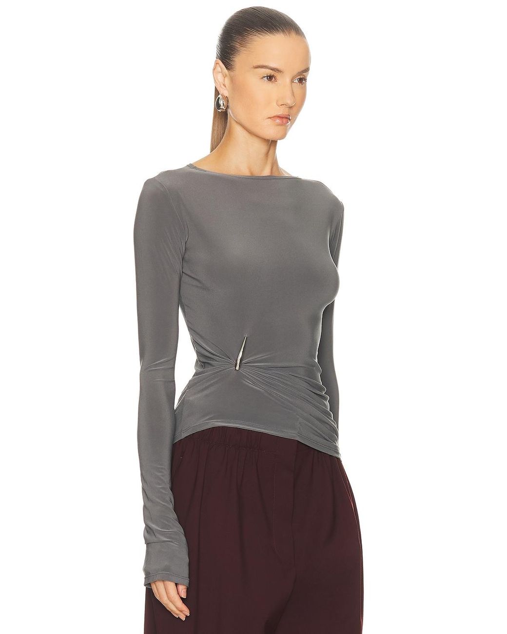 GRACE LING Claw Draped Long Sleeve Top in Gray | Lyst