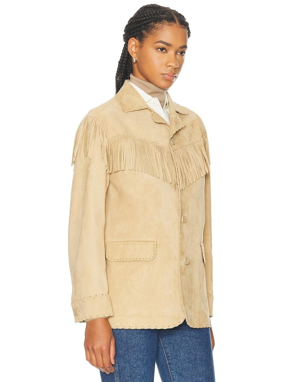 Ralph Lauren Ryland Fringe-Trim Lamb-Suede Jacket in Natural | Lyst
