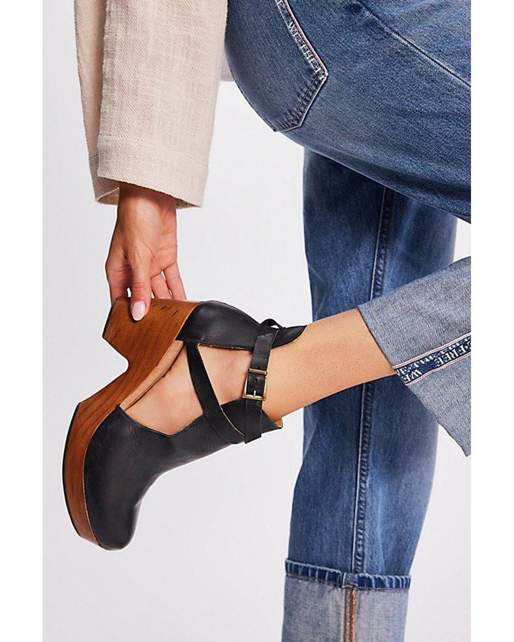 Free People Leather Ankle Strap Clogs in Blue | Lyst
