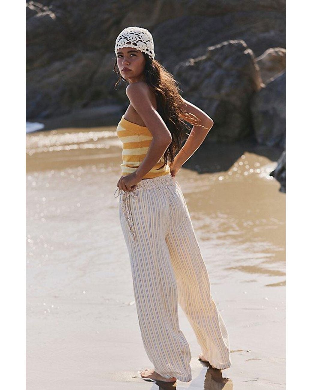 Free People Sun Dazed Cotton-Linen Striped Pants in Brown | Lyst