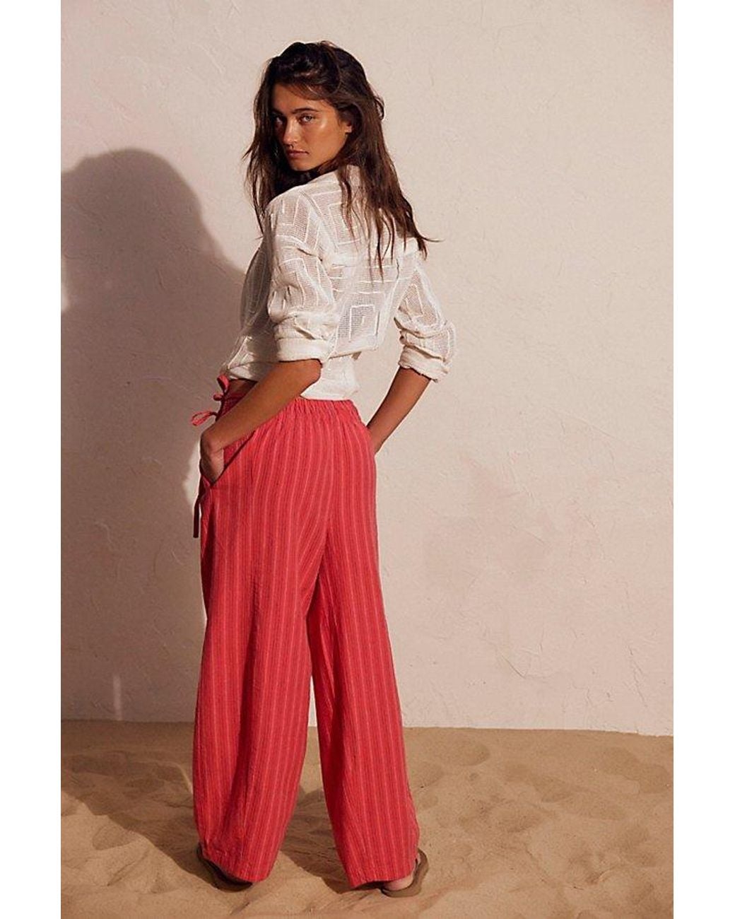 Free People Sun Dazed Cotton-Linen Striped Pants in Red | Lyst
