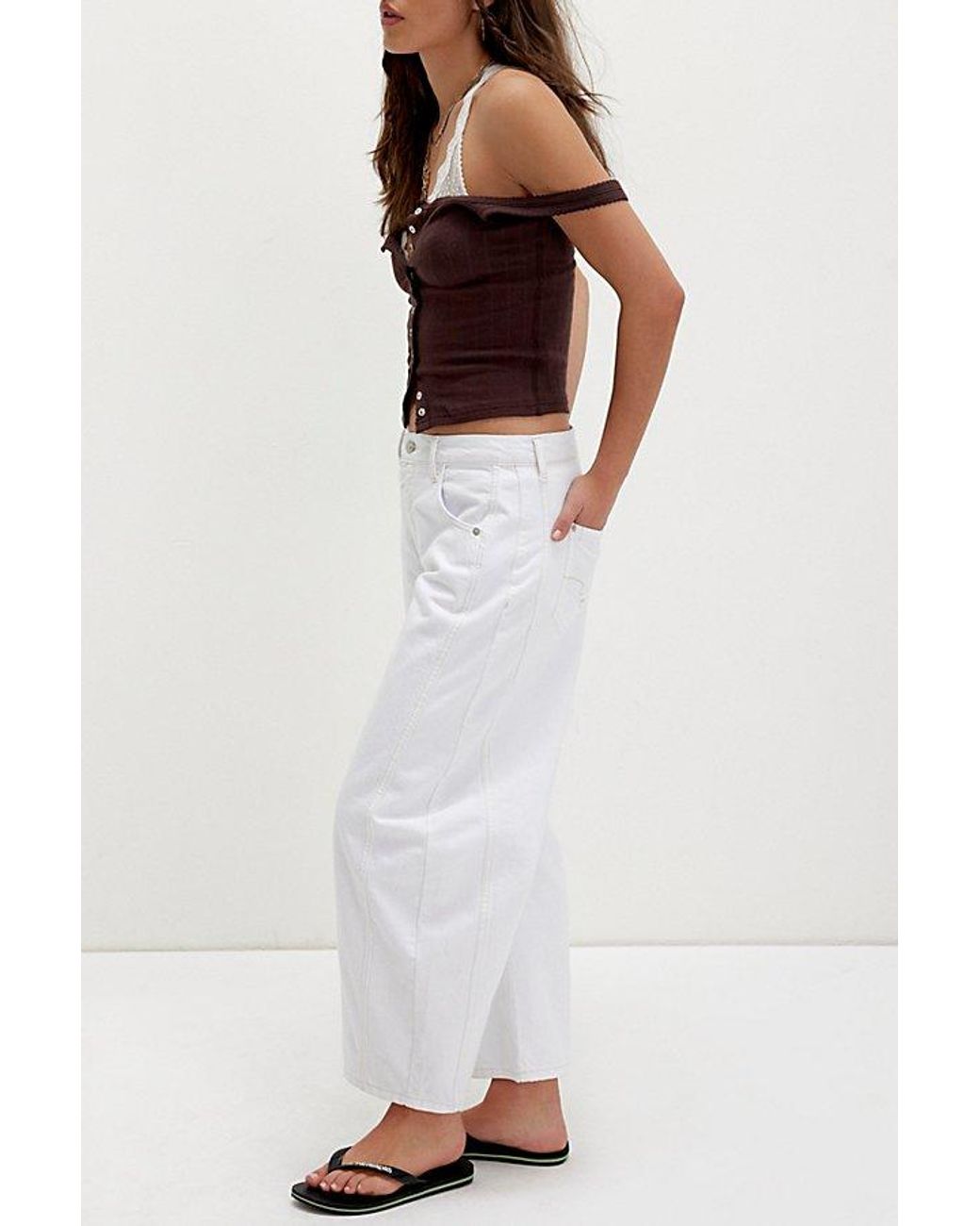 Free People Good Luck Mid-Rise Barrel Jeans in White | Lyst