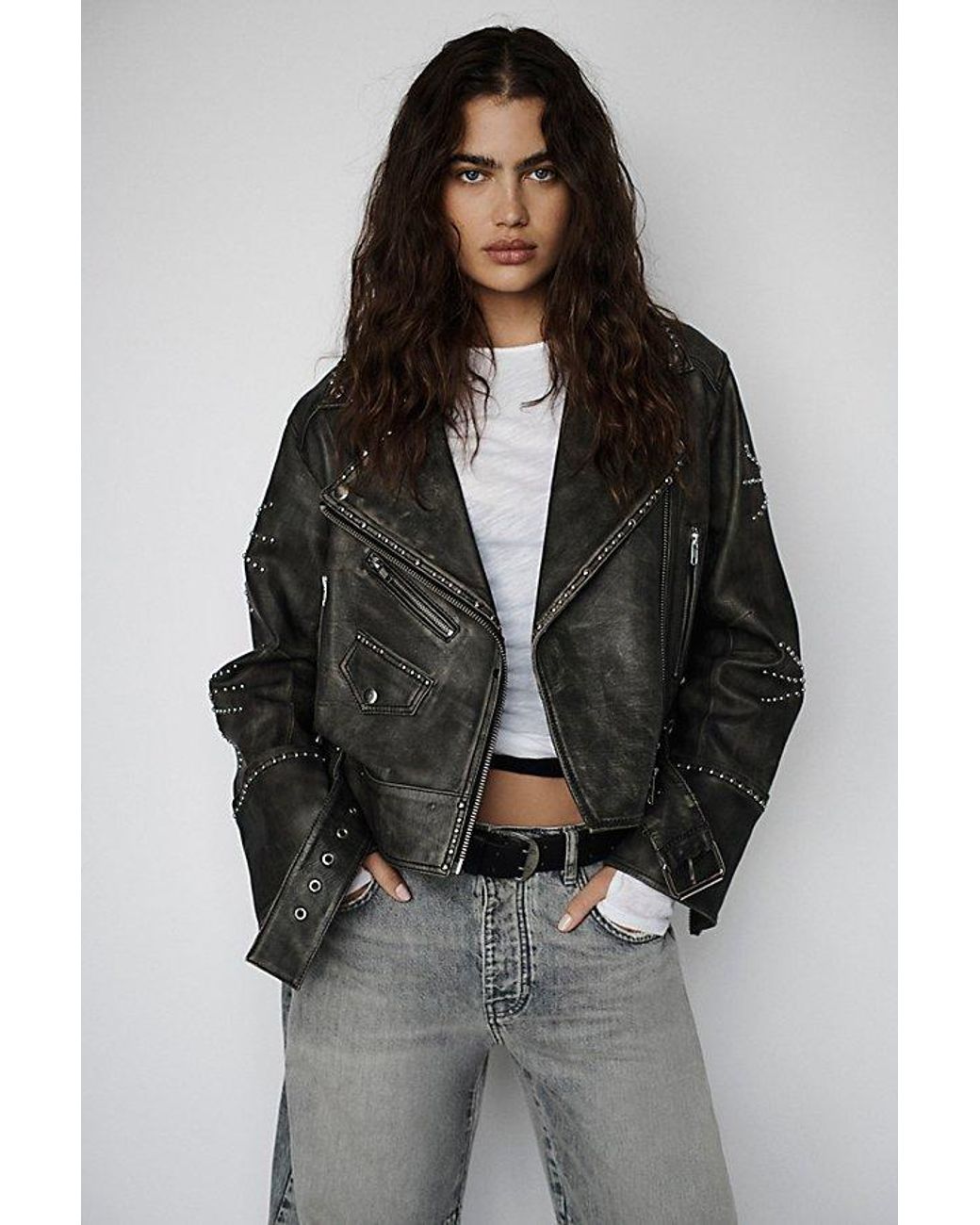 Free People We The Free Moya Leather Biker Jacket in Black | Lyst