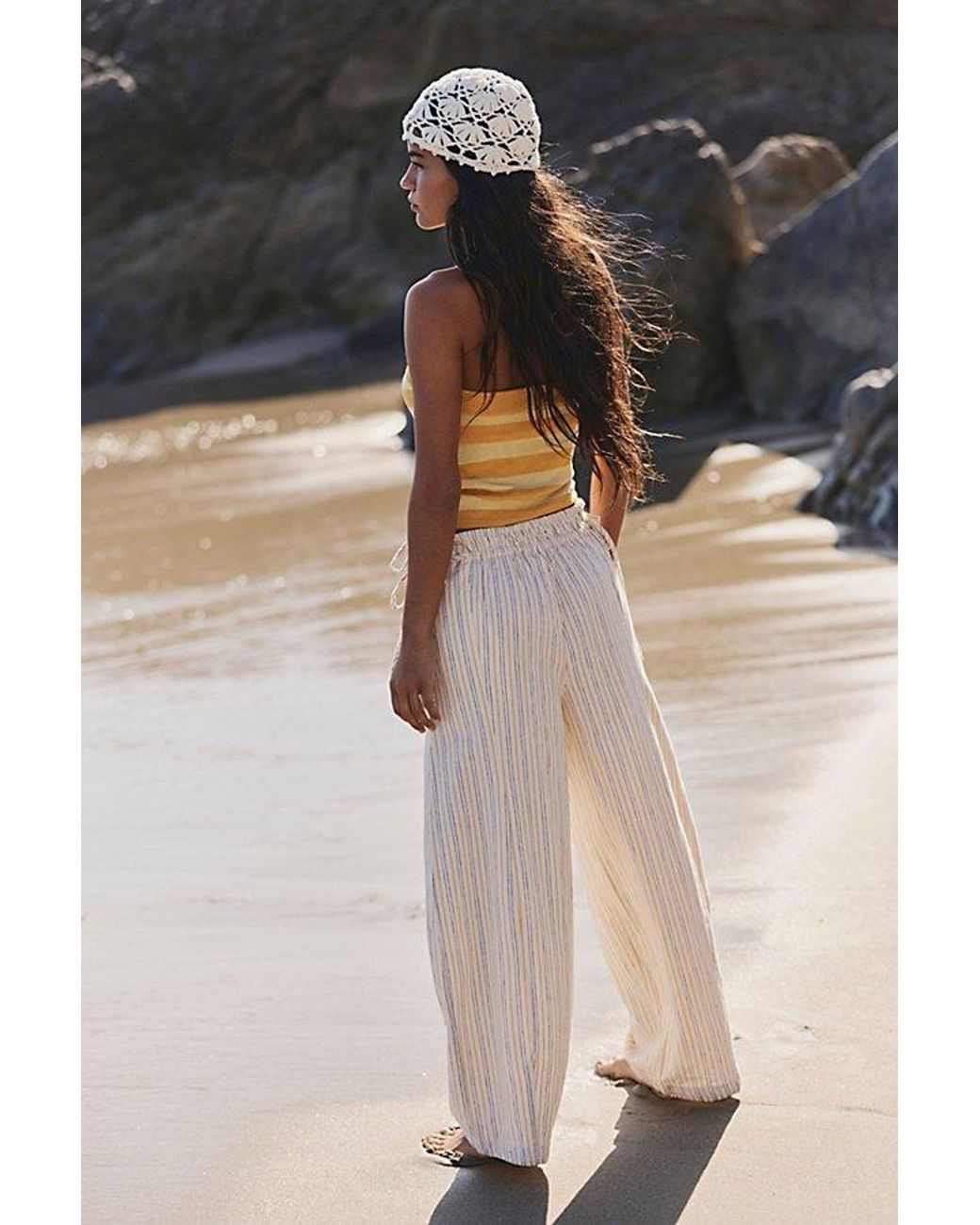 Free People Sun Dazed Cotton-Linen Striped Pants in Brown | Lyst