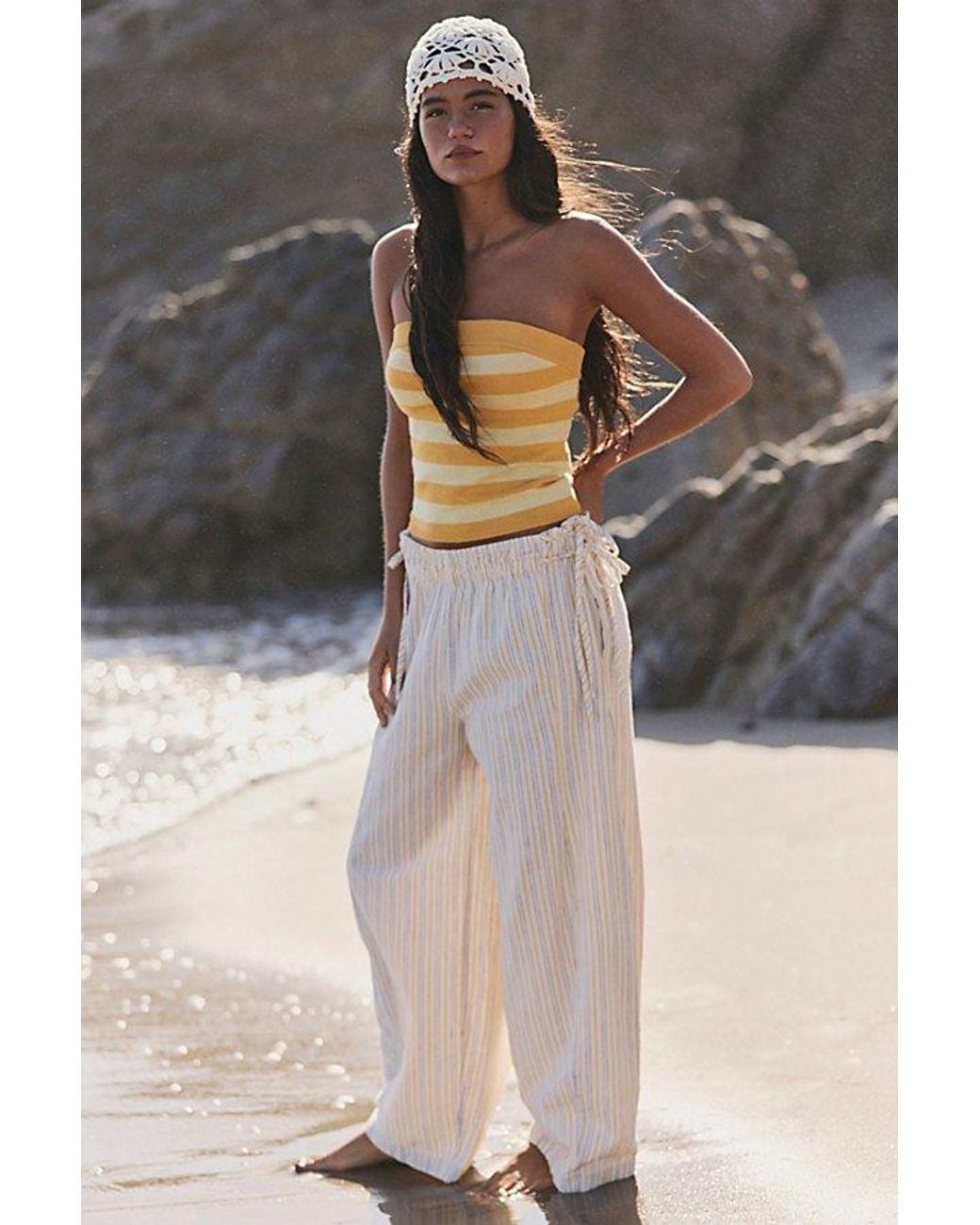 Free People Sun Dazed Cotton-Linen Striped Pants in Brown | Lyst