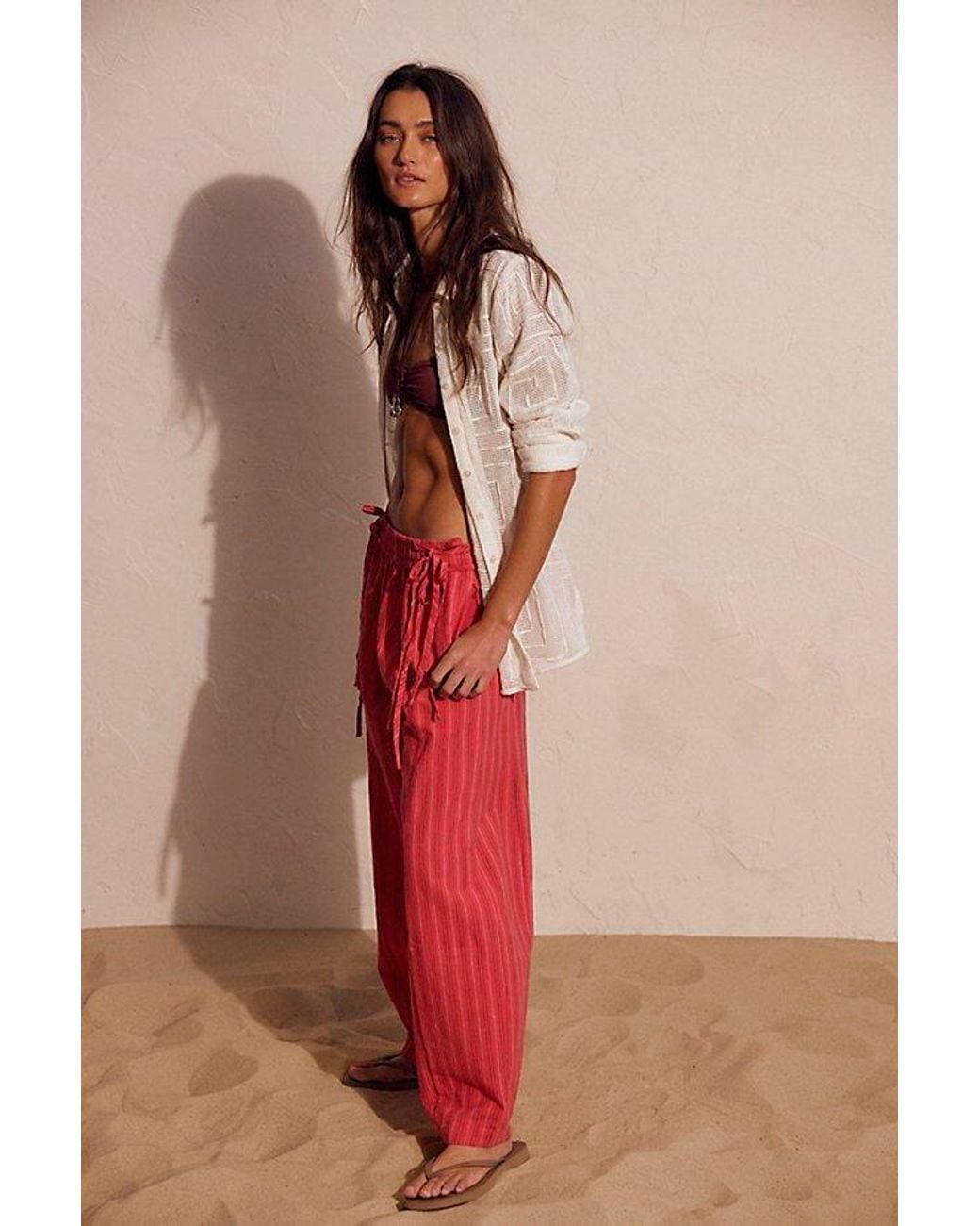 Free People Sun Dazed Cotton-Linen Striped Pants in Red | Lyst