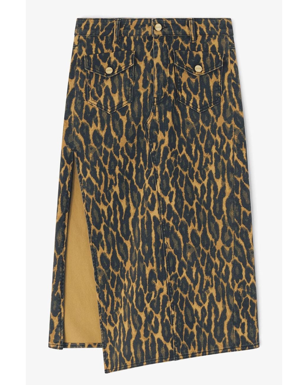 Ganni Leopard Print Denim Midi Skirt in Green | Lyst UK