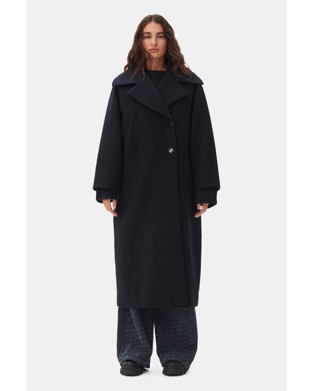 Ganni Dark Wool Coat in Blue | Lyst