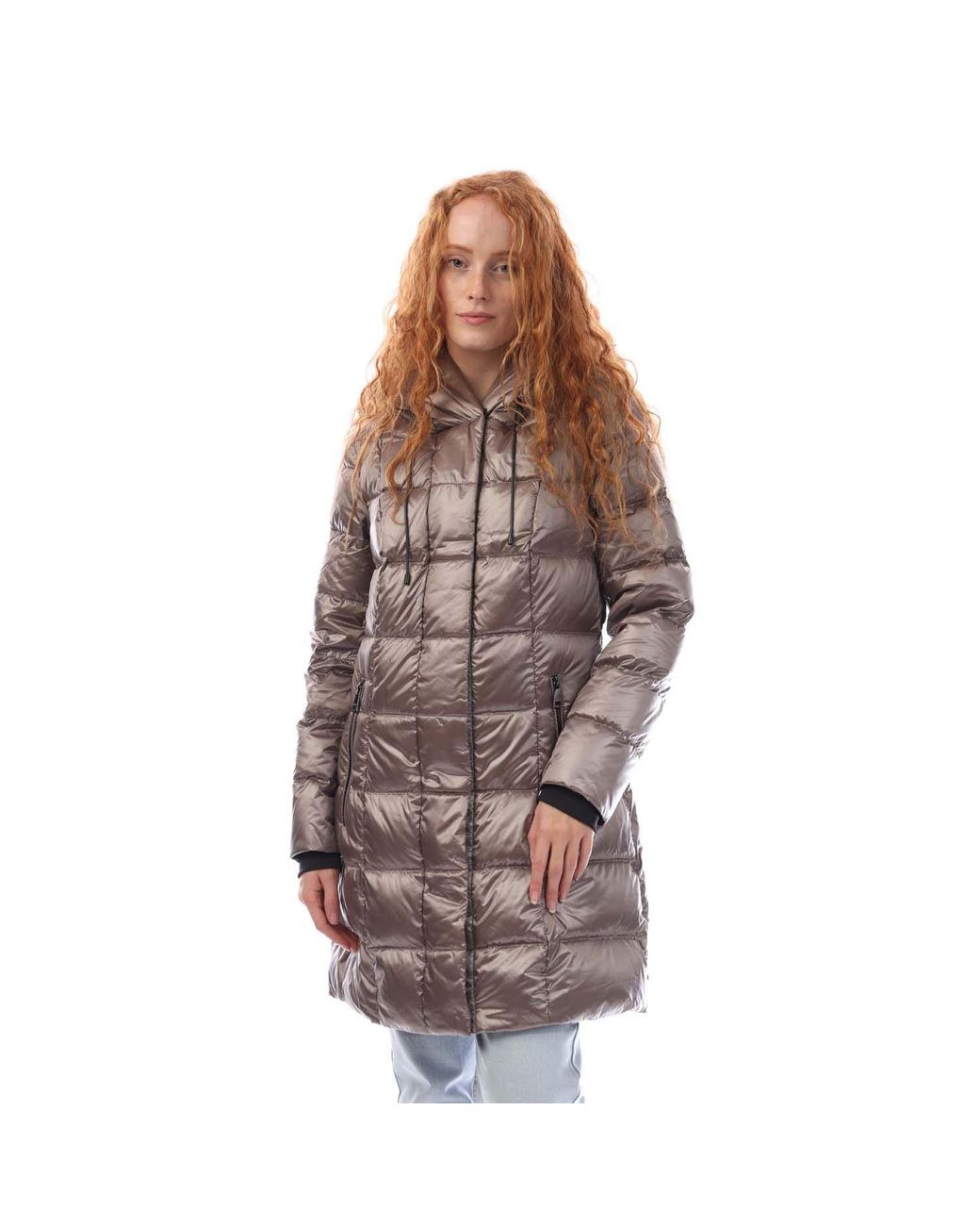 DKNY Zip Front Down Filled Long Puffer Jacket in Brown | Lyst UK