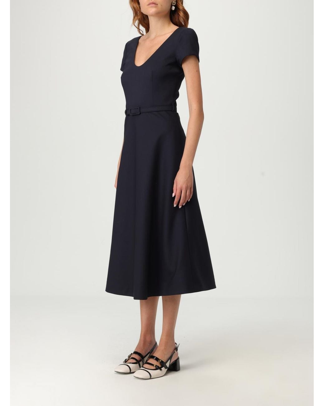 Alessandra Rich Elegant Midi Dress With Short Sleeves And Belt in Blue ...