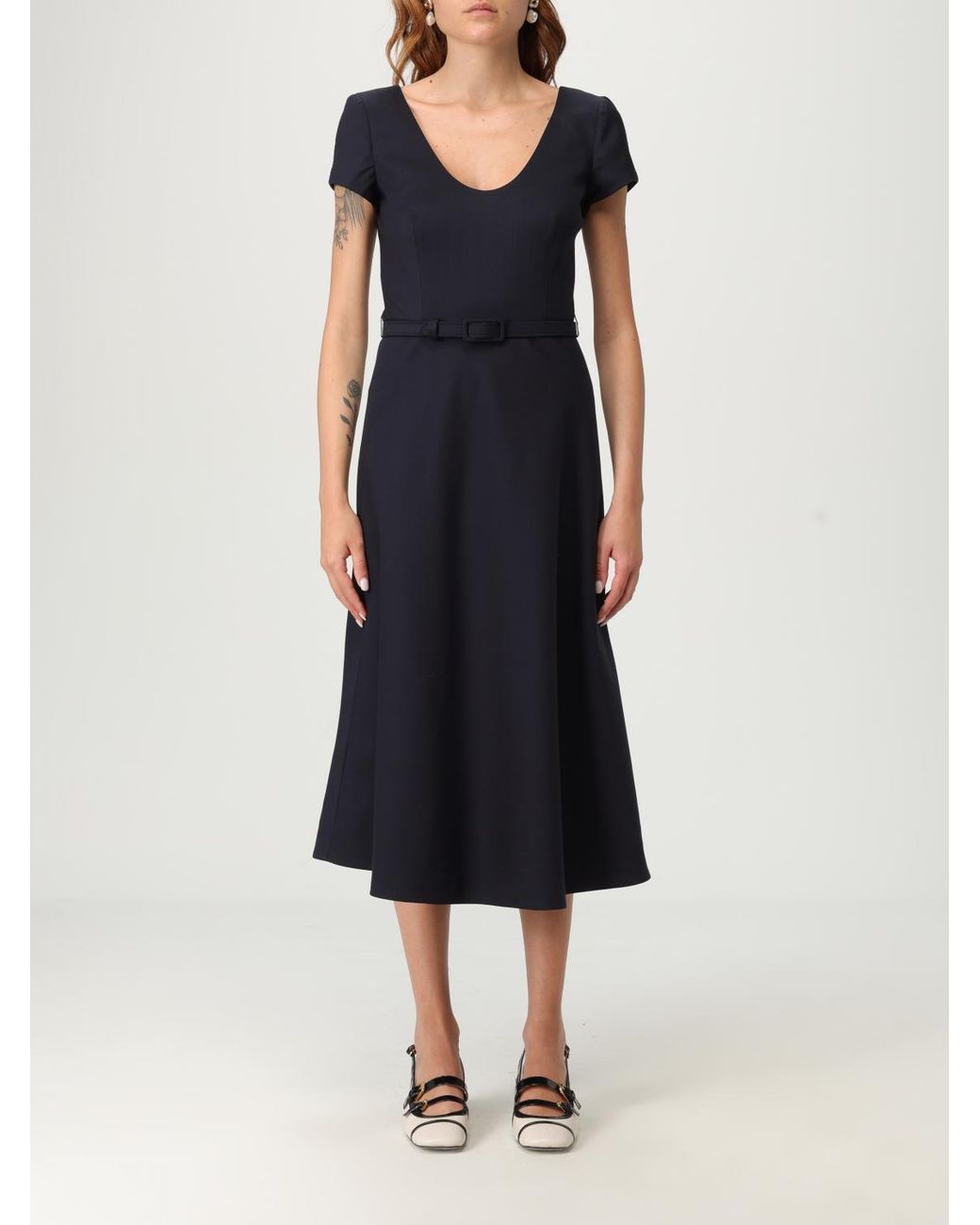 Alessandra Rich Elegant Midi Dress With Short Sleeves And Belt in Blue ...
