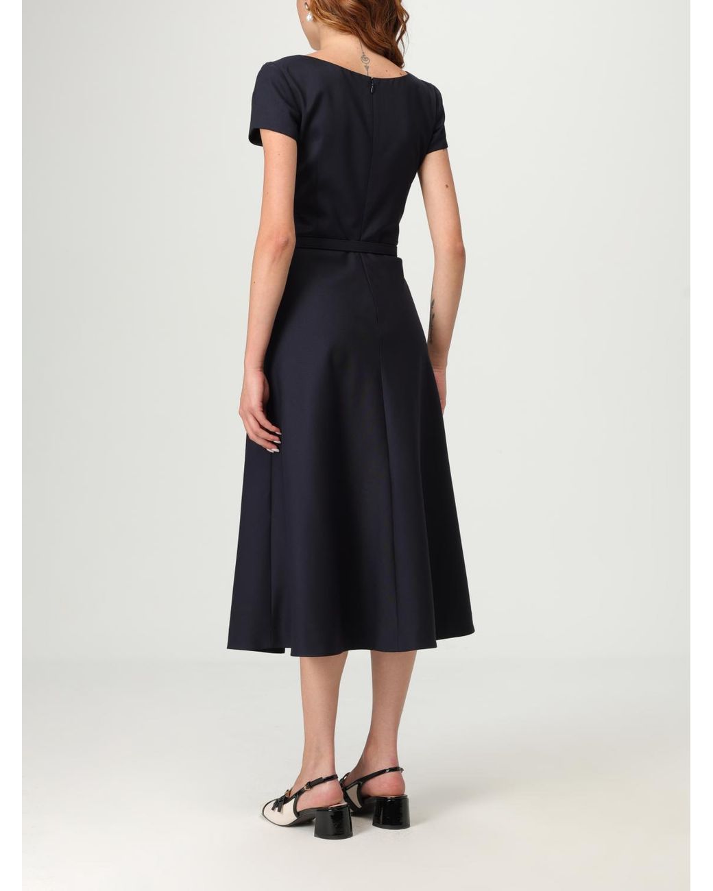 Alessandra Rich Elegant Midi Dress With Short Sleeves And Belt in Blue ...